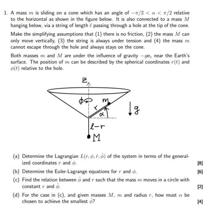 Solved 1. A mass m is sliding on a cone which has an angle | Chegg.com