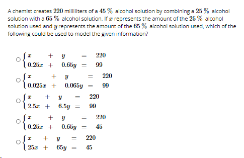 Solved A chemist creates 220 ﻿milliliters of a 45% ﻿alcohol | Chegg.com