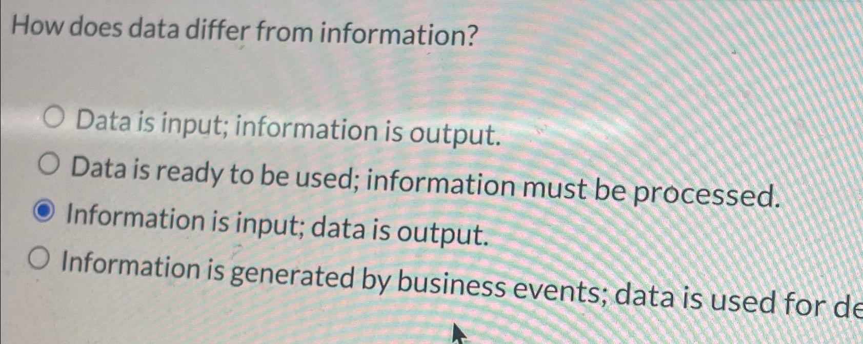 Solved How does dHow does data differ from information?Data | Chegg.com