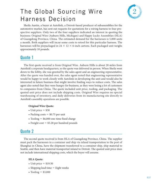 Solved The Global Sourcing Wire Harness Decision Sheila | Chegg.com