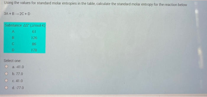 Solved Using the values for standard molar entropies in the | Chegg.com