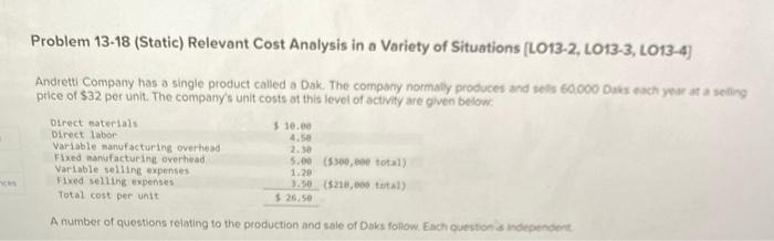 Solved Problem 13-18 (Static) Relevant Cost Analysis in a | Chegg.com