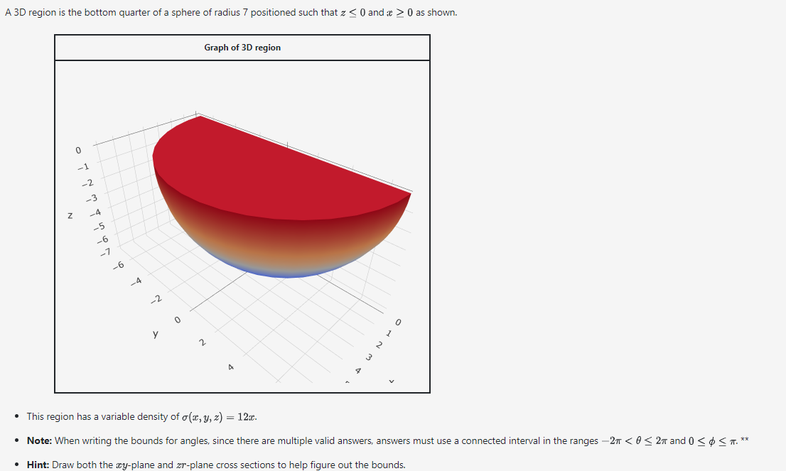 Solved A 3D region is the bottom quarter of a sphere of | Chegg.com