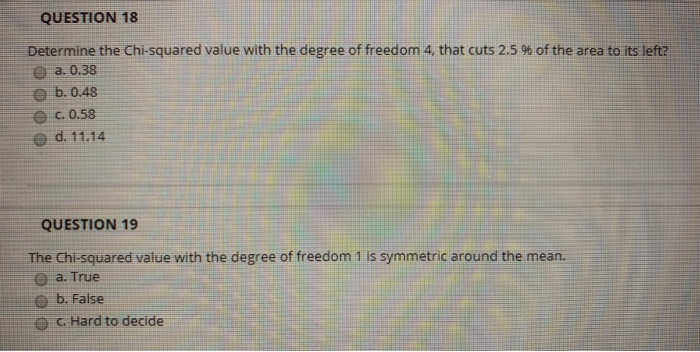 Solved QUESTION 18 Determine the Chi-squared value with the | Chegg.com