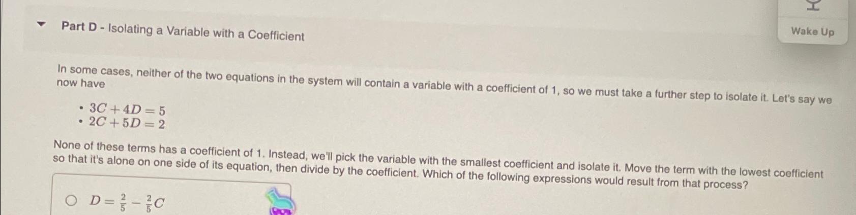 Solved Part D - ﻿Isolating a Variable with a CoefficientWake | Chegg.com
