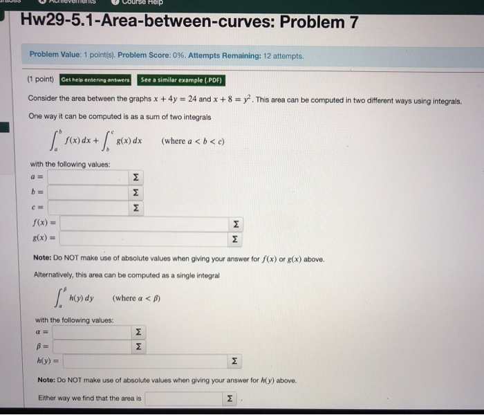 Solved S vourse help Hw29-5.1-Area-between-curves: Problem 7 | Chegg.com
