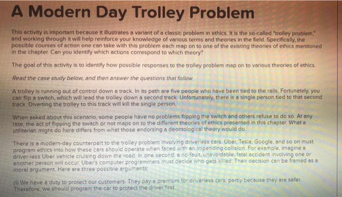 Solved A A Modern Day Trolley Problem This activity is | Chegg.com