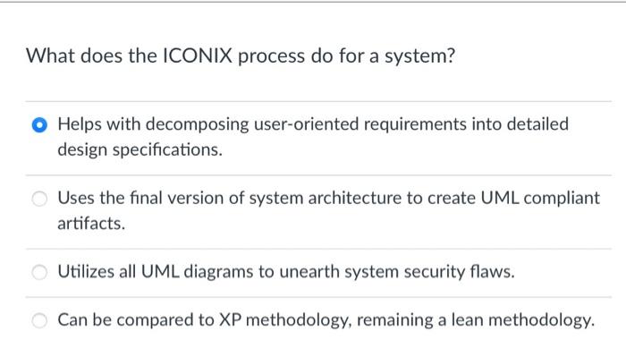 Solved What does the ICONIX process do for a system? Helps | Chegg.com