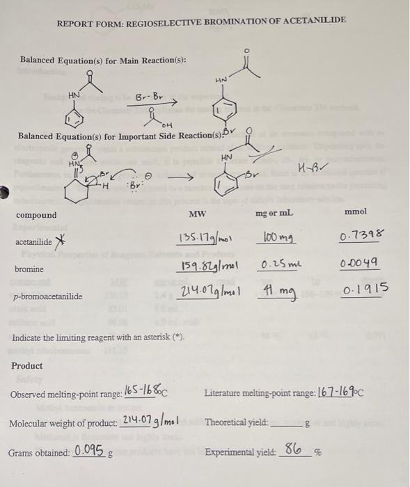 Solved REPORT FORM: REGIOSELECTIVE BROMINATION OF | Chegg.com