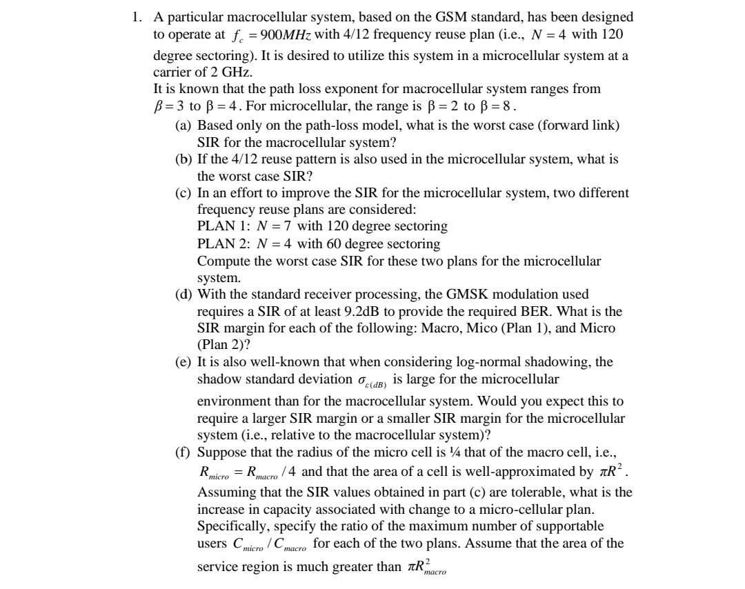 to operate at fc=900MHz with 4/12 frequency reuse | Chegg.com