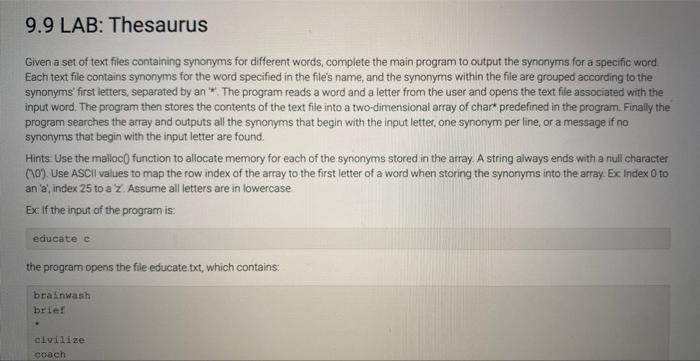 Solved Given a set of text files containing synonyms for | Chegg.com