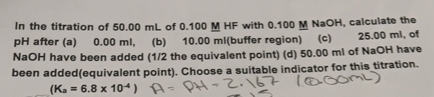 Solved In the titration of 50.00 ﻿mL of 0.100MHF ﻿with 0.100 | Chegg.com