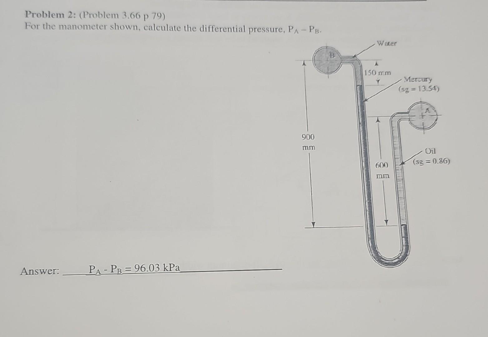Solved Problem 2: (Problem 3.66 p 79) For the manometer | Chegg.com