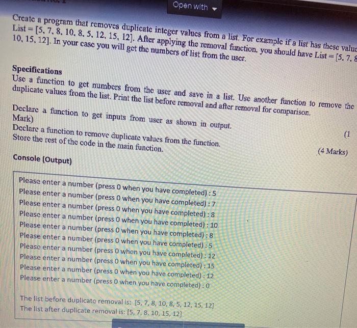Solved Create a program that removes duplicate integer | Chegg.com
