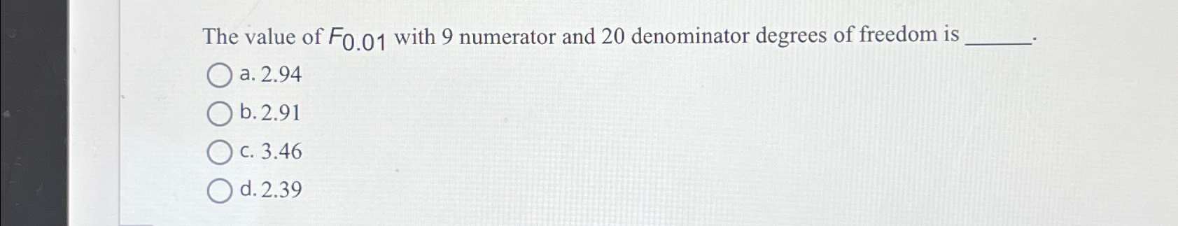 The value of F0.01 ﻿with 9 ﻿numerator and 20 | Chegg.com