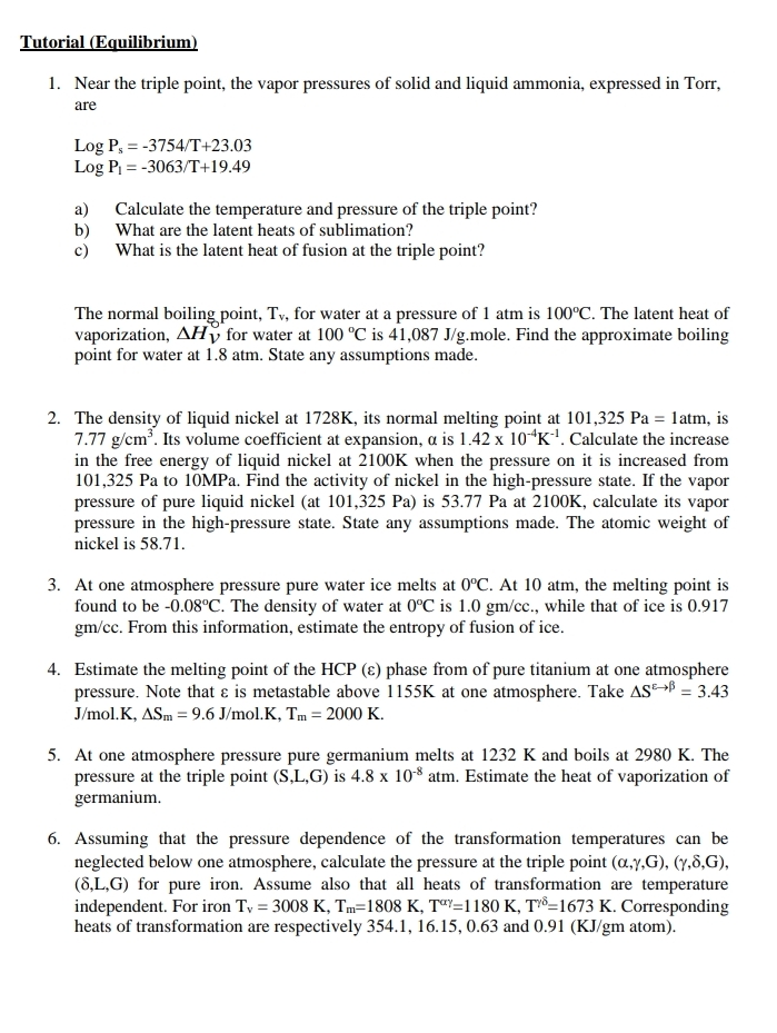 Solved Tutorial (Equilibrium)Near the triple point, the | Chegg.com