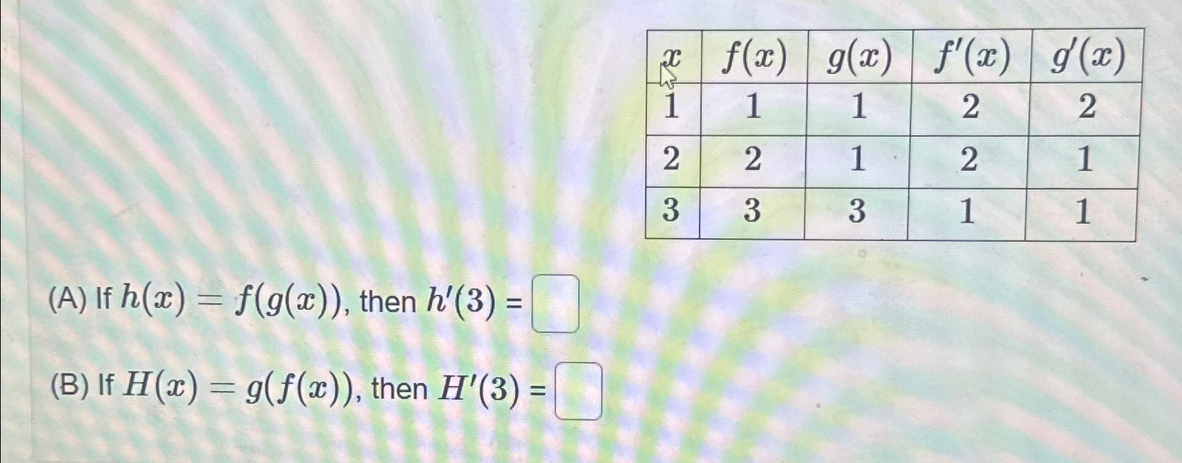 Solved \table[[x,f(x),g(x),f'(x),g'(x) | Chegg.com