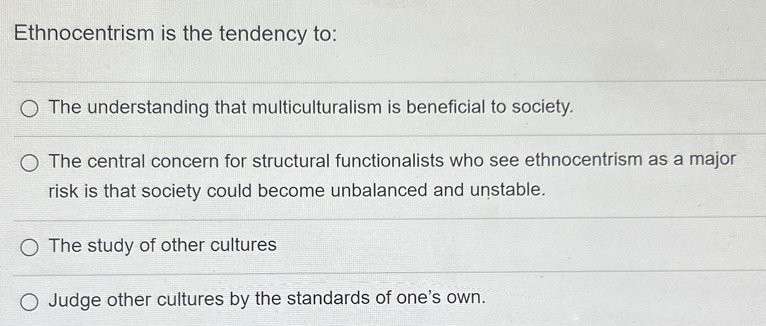 Solved Ethnocentrism is:The understanding that | Chegg.com