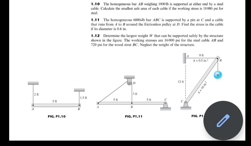 Solved 1.10 The homogeneous bar AB weighing 1800 lb is | Chegg.com