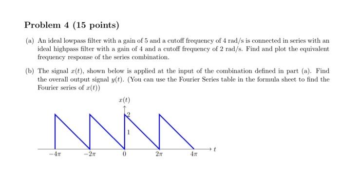 Solved Problem 4 (15 points) (a) An ideal lowpass filter | Chegg.com Solved Problem 4 (15 points) (a) An ideal lowpass filter | Chegg.com