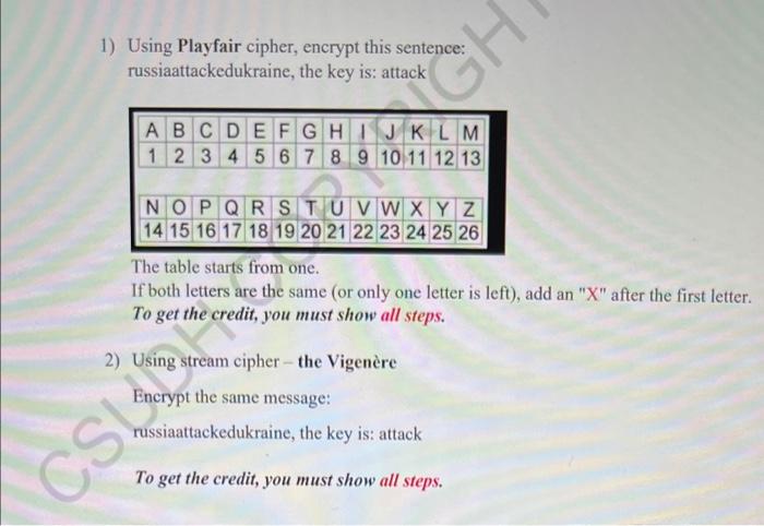 Solved 1) Using Playfair cipher, encrypt this sentence: | Chegg.com