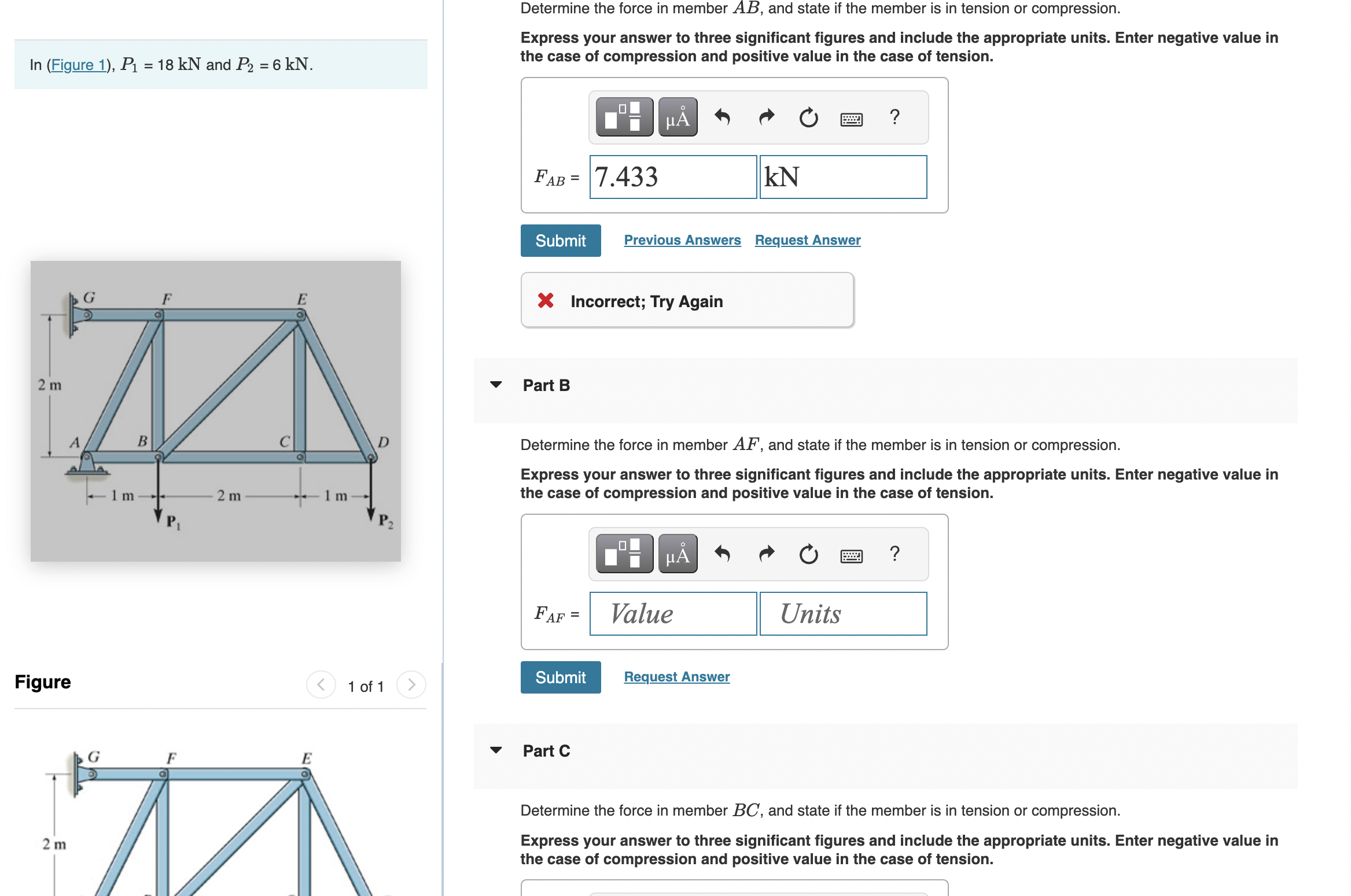 Solved Determine the force in member AB, ﻿and state if the | Chegg.com