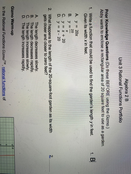 Solved Algebra 2 B Unit 3 Rational Functions Portfolio Prior | Chegg.com