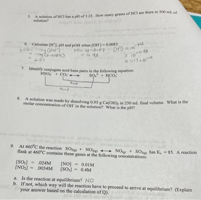 Solved 5. A solution of HCl has a pH of 3.25. How many grams | Chegg.com