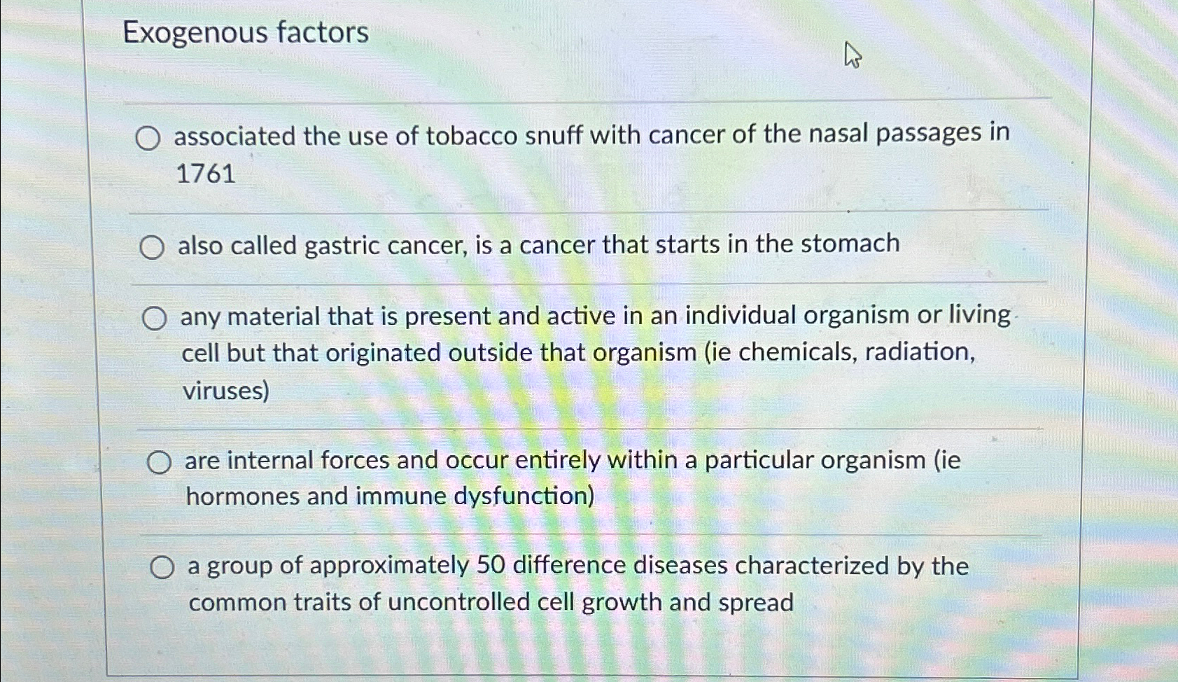 Solved Exogenous factorsassociated the use of tobacco snuff | Chegg.com