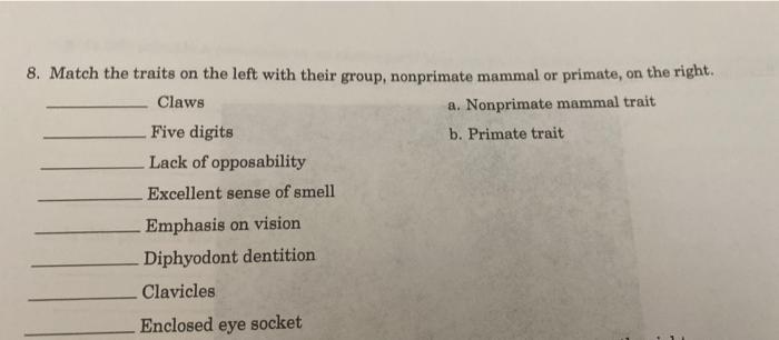 8. Match the traits on the left with their group, | Chegg.com