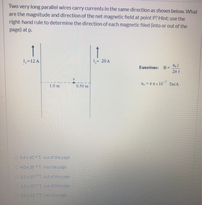 Solved Two very long parallel wires carry currents in the | Chegg.com