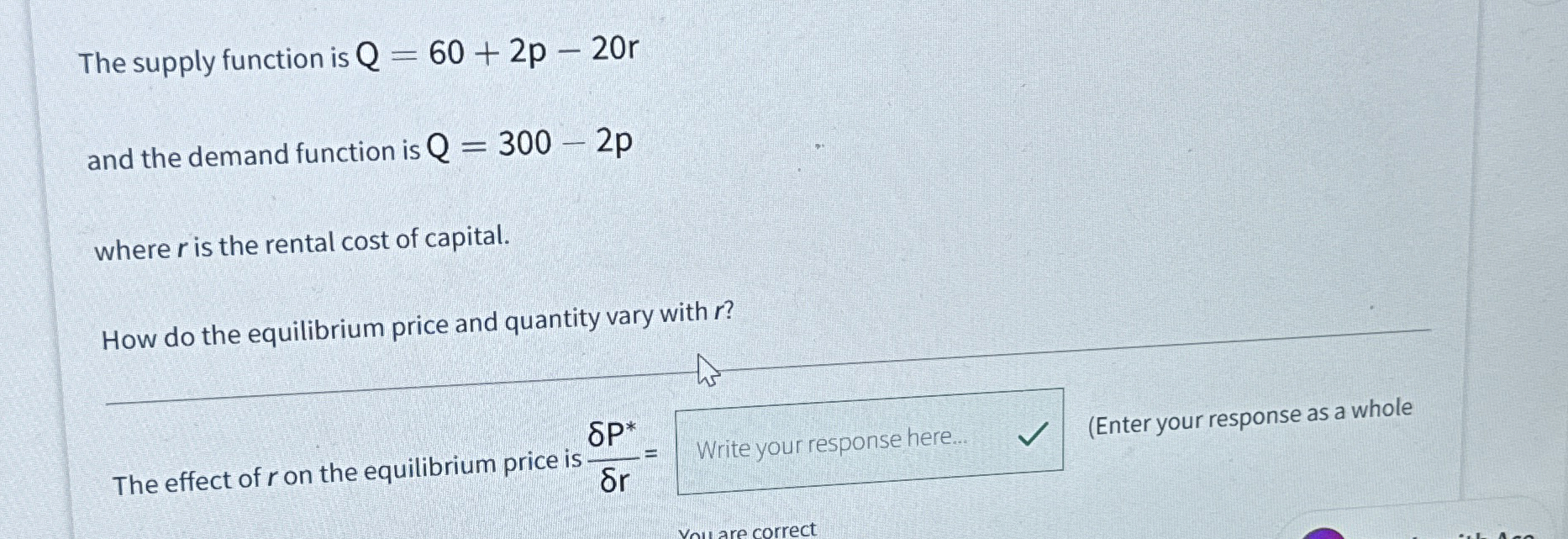 Solved The supply function is Q=60 2p-20rand the demand | Chegg.com