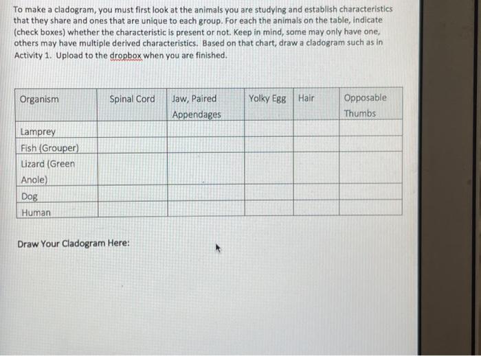 Solved To make a cladogram, you must first look at the | Chegg.com