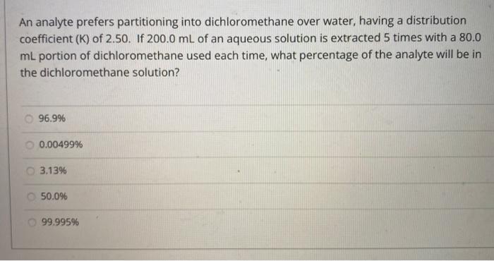 Solved An analyte prefers partitioning into dichloromethane | Chegg.com