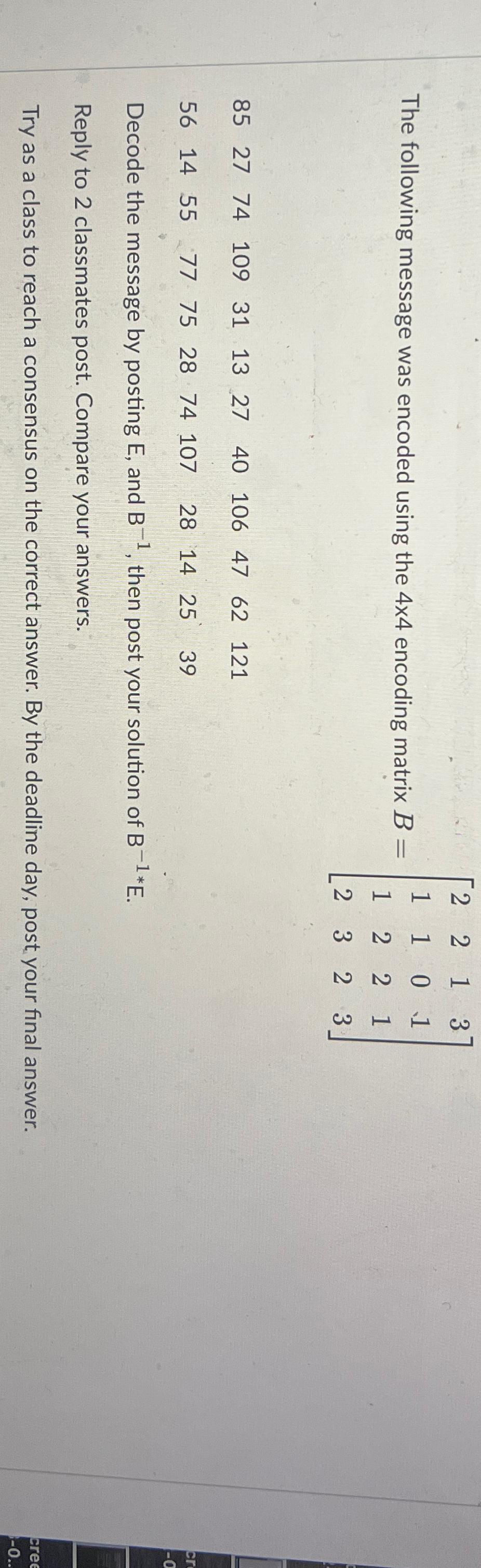 Solved The following message was encoded using the 4×4 | Chegg.com