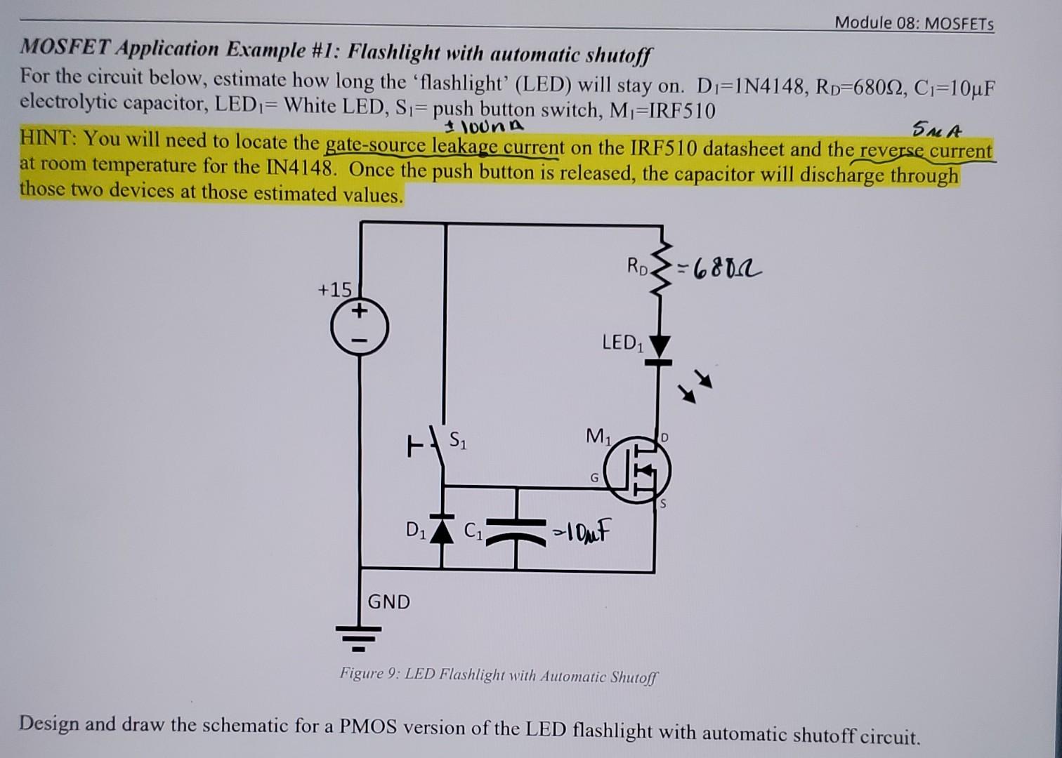 Solved MOSFET Application Example \#I: Flashlight with | Chegg.com