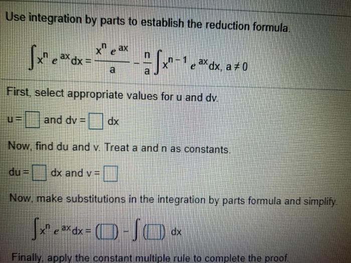 Solved Use integration by parts to establish the reduction | Chegg.com