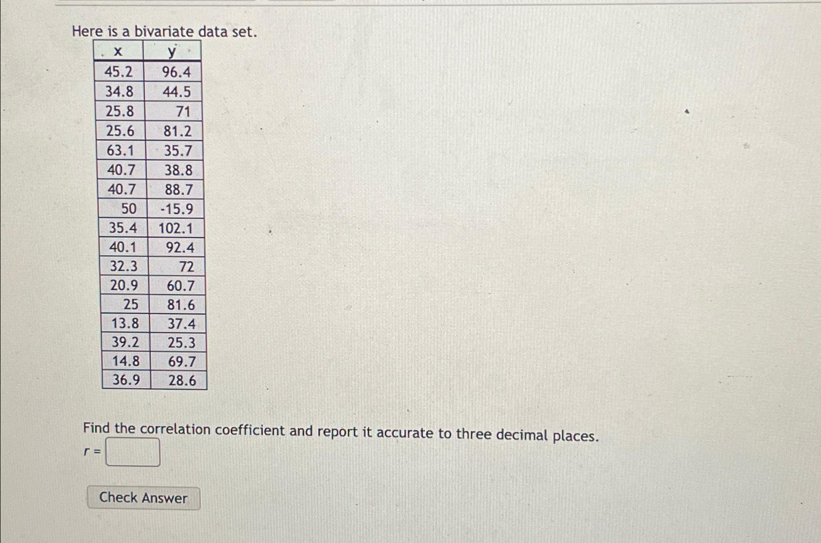 Solved Here is a bivariate data set.\table[[x,y | Chegg.com