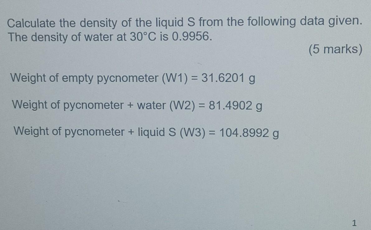 Solved Calculate the density of the liquid S from the | Chegg.com