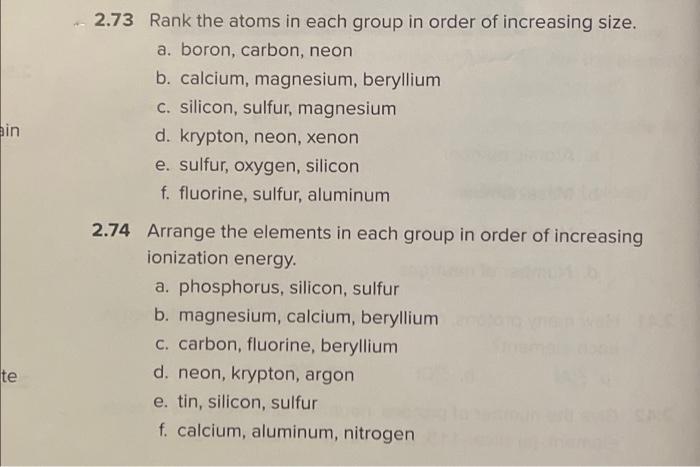 Solved ain te 2.73 Rank the atoms in each group in order of | Chegg.com
