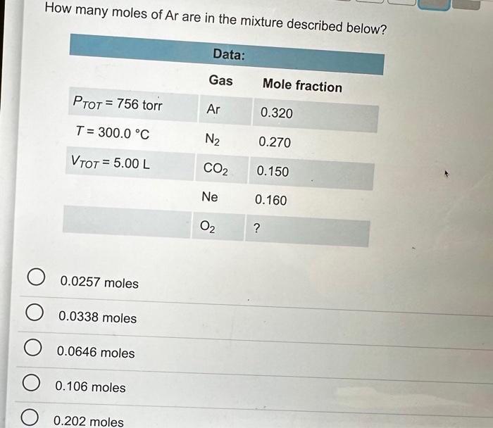 Solved How many moles of Ar are in the mixture described | Chegg.com