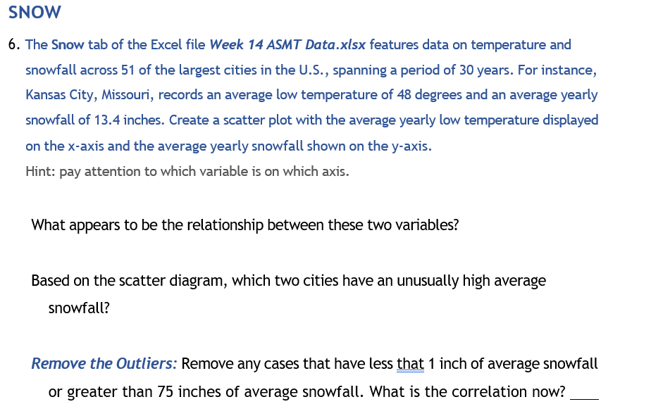Solved SNOWThe Snow tab of the Excel file Week 14 ﻿ASMT | Chegg.com