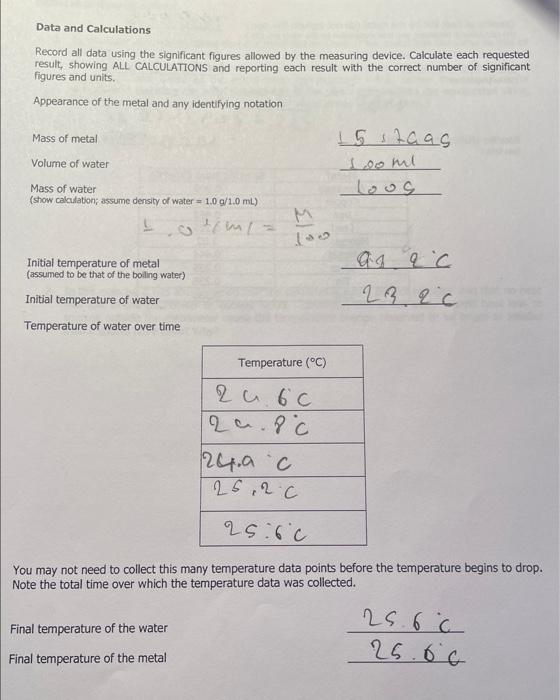 Data and Calculations Record all data using the | Chegg.com