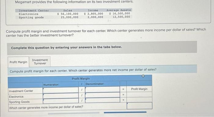 Solved Compute profit margin and investment turnover for | Chegg.com