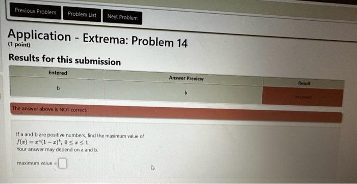 Solved Application - Extrema: Problem 14 (1 point) Results | Chegg.com