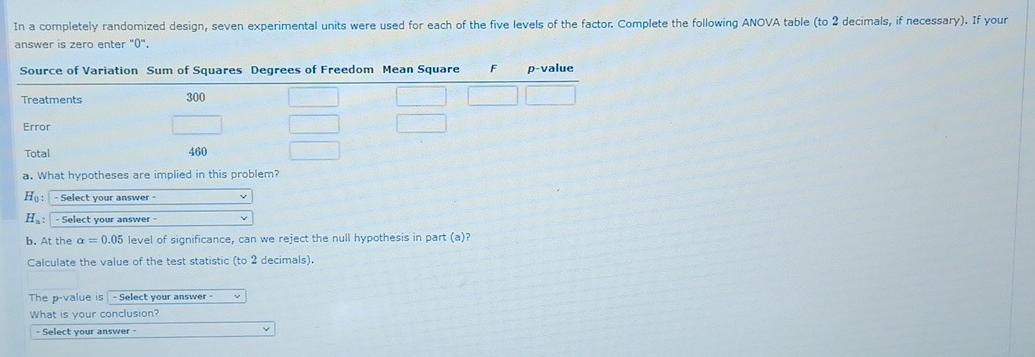 Solved In a completely randomized design, seven experimental | Chegg.com