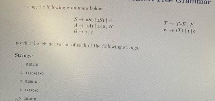 Solved Using the following grammars below. | Chegg.com