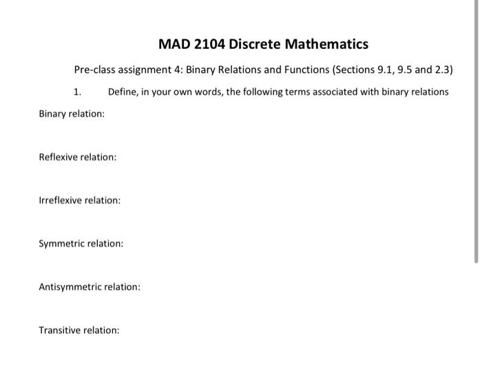 Solved MAD 2104 Discrete Mathematics Pre-class assignment 4: | Chegg.com