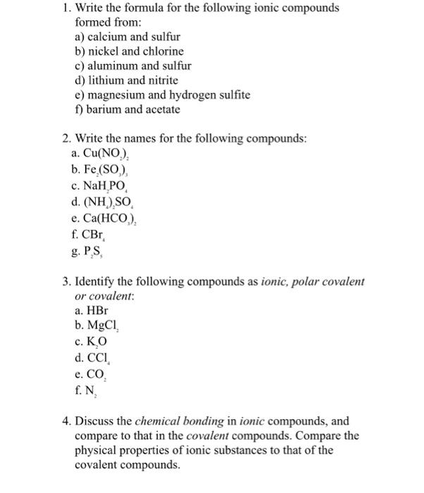 Solved 1. Write the formula for the following ionic | Chegg.com