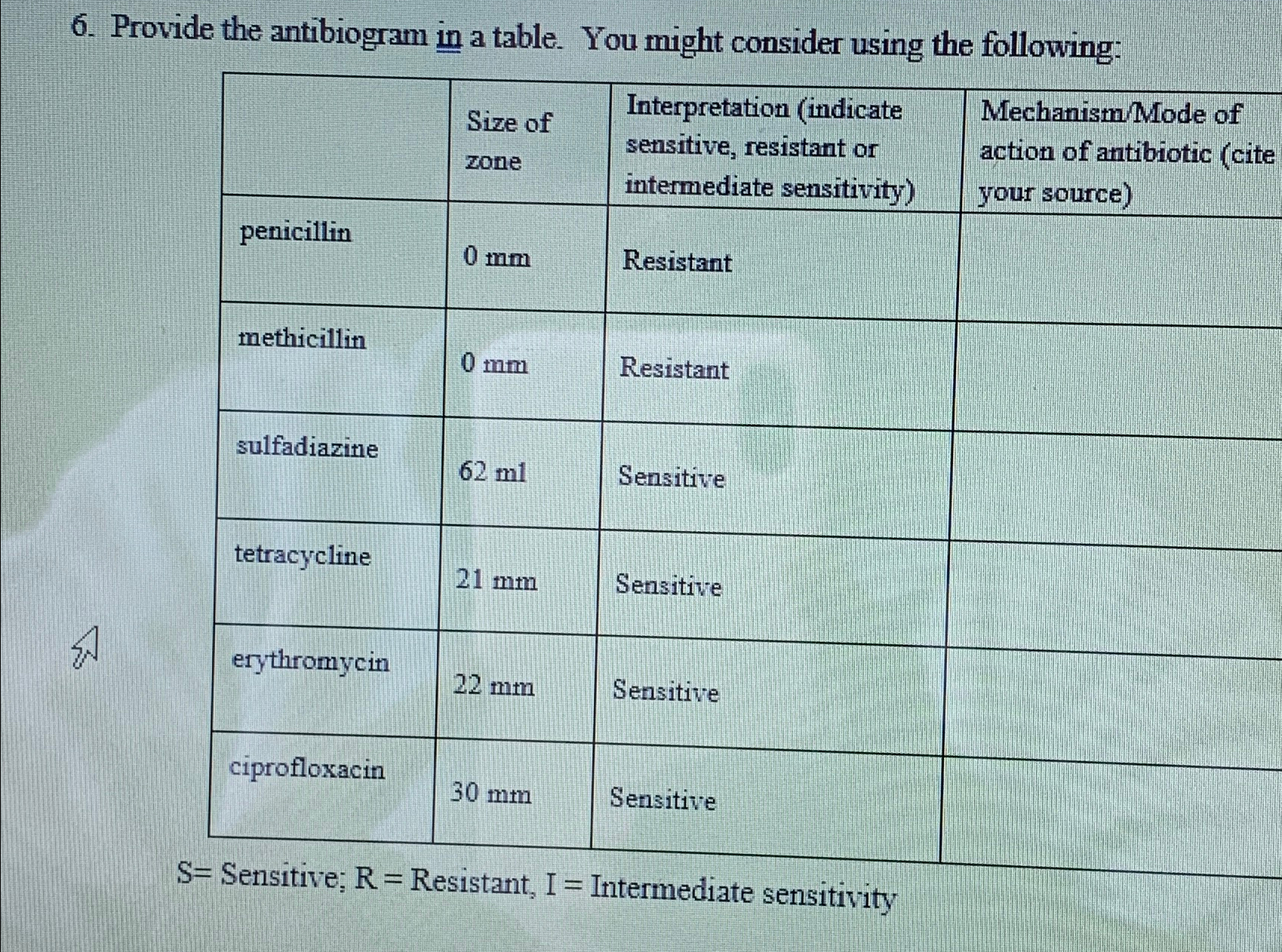 Solved Provide the antibiogram in a table. You might | Chegg.com